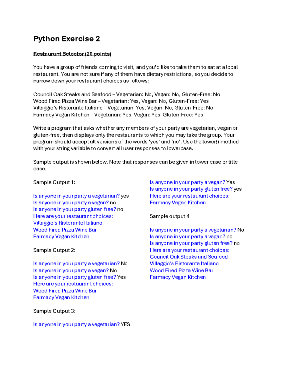 Python Exercise 2: Restaurant Selector & One Bid Game (Fall 2024) - Studocu
