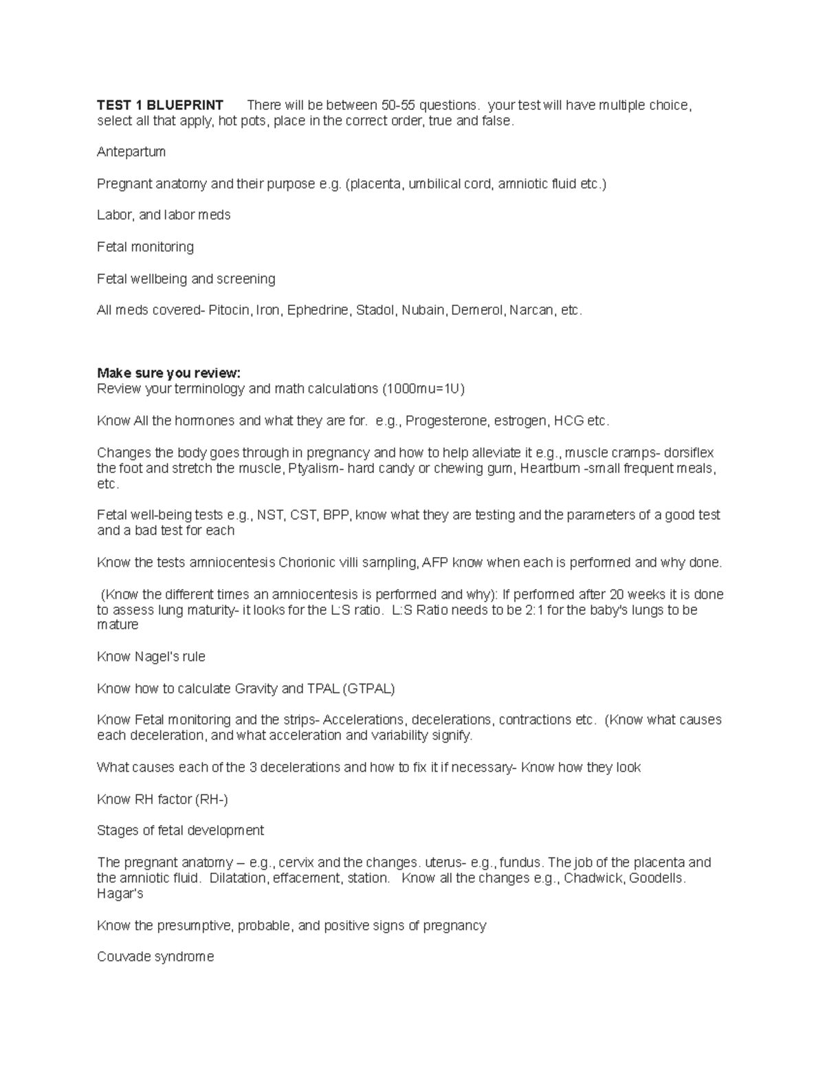 OB TEST 1 Blueprint: Key Concepts for Exam Preparation - Studocu