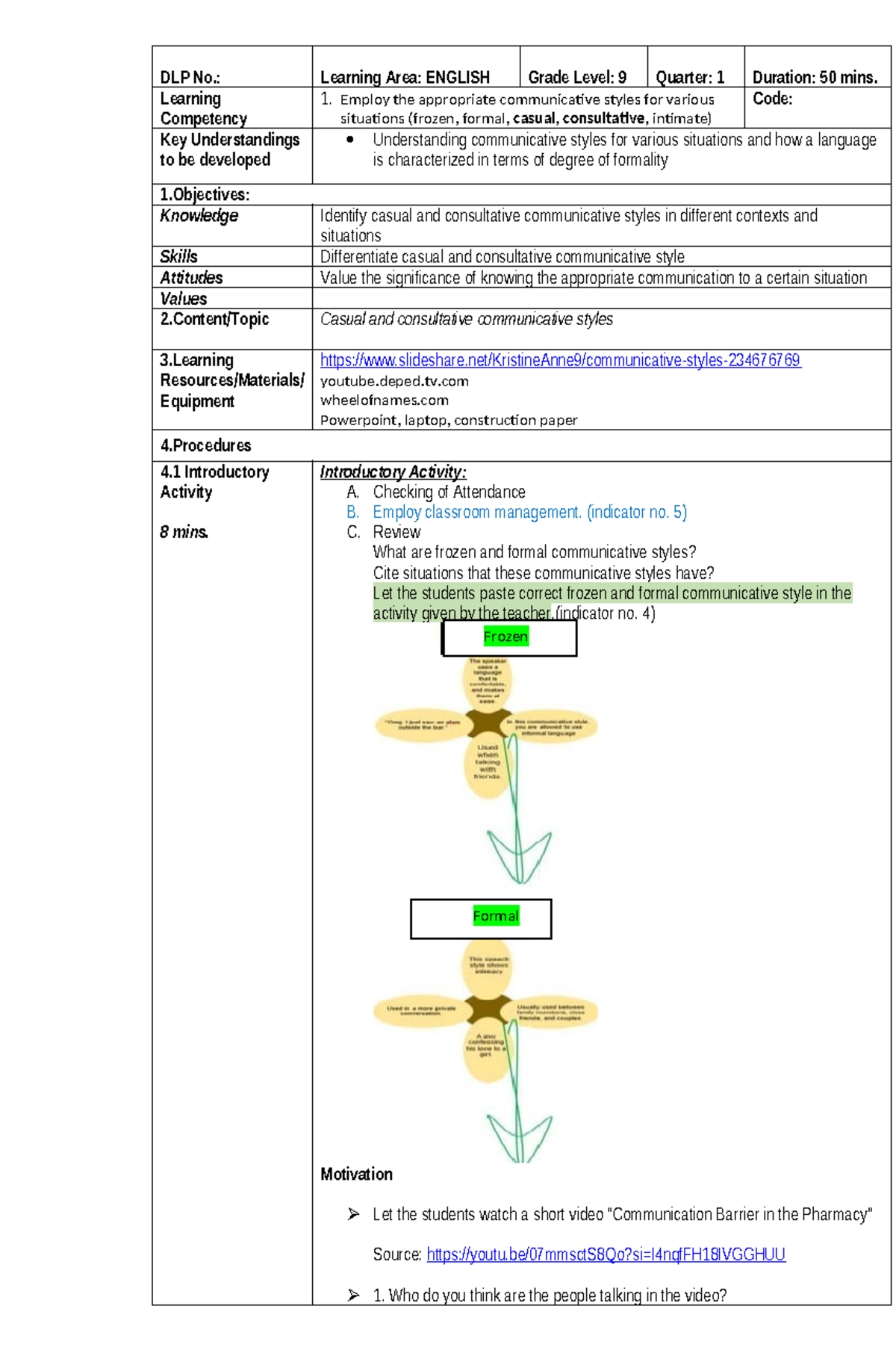 Detailed Lesson Plan in English 9: Communicative Styles - Studocu
