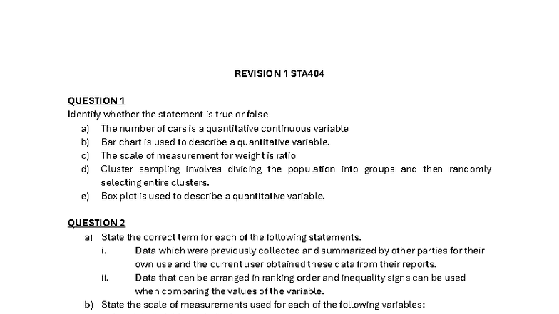 Revision 1 STA404: Quantitative Variables & Sampling Methods - Studocu