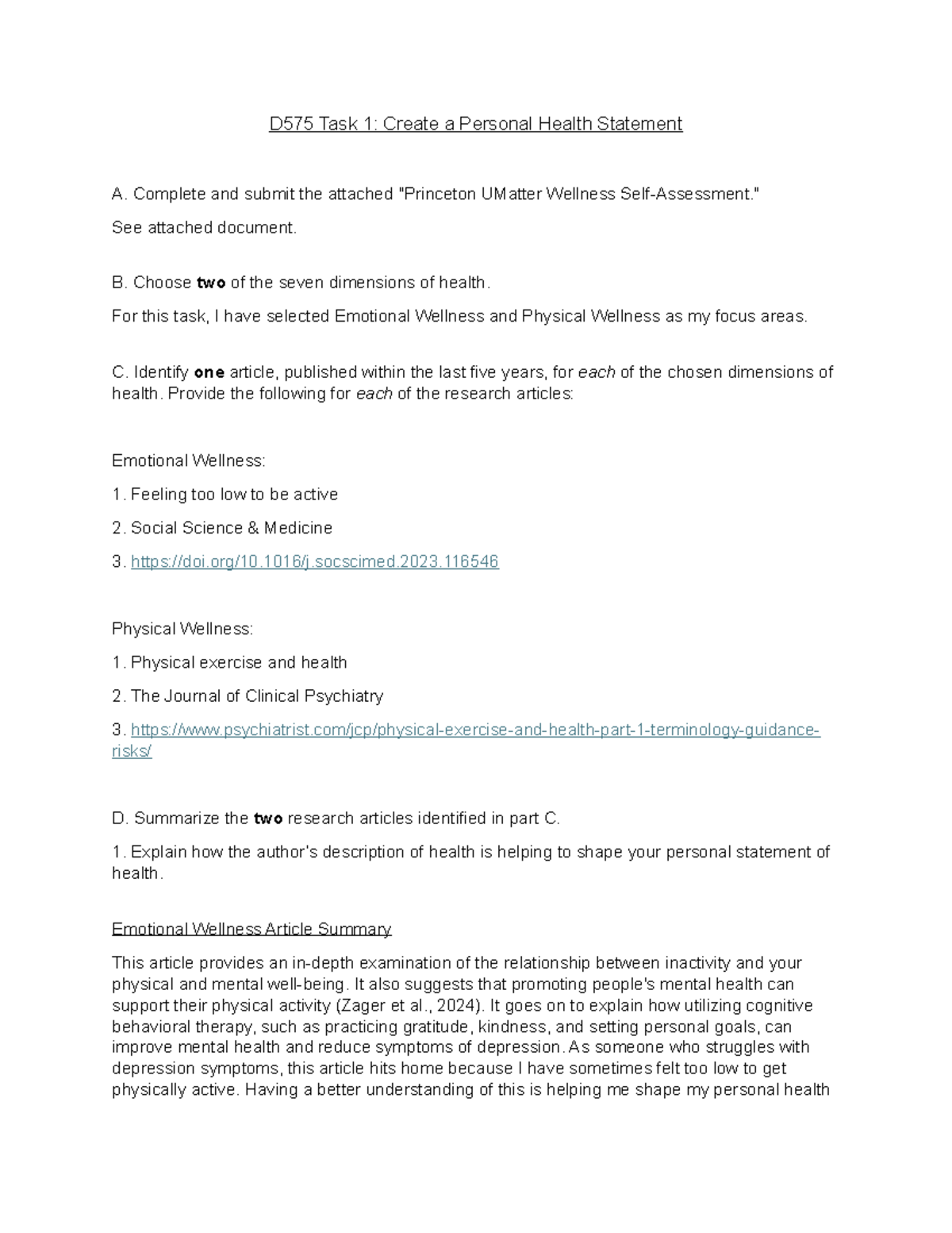 D575 Task 1: Personal Health Statement on Emotional & Physical Wellness ...