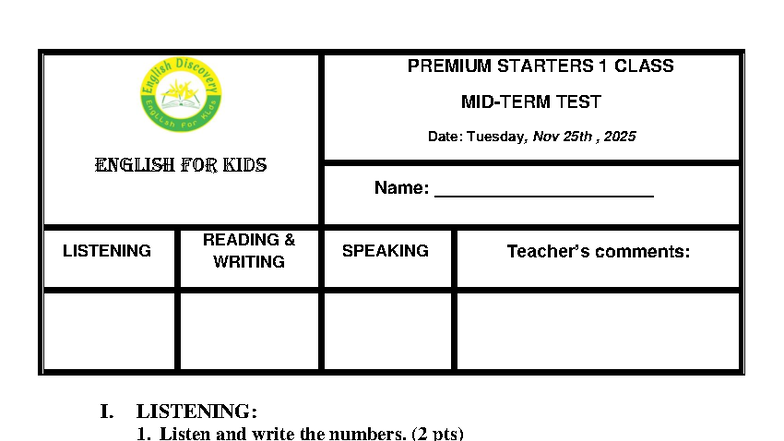 Mid-term Test - Premium Starters 1 - 25 - English for kids PREMIUM ...