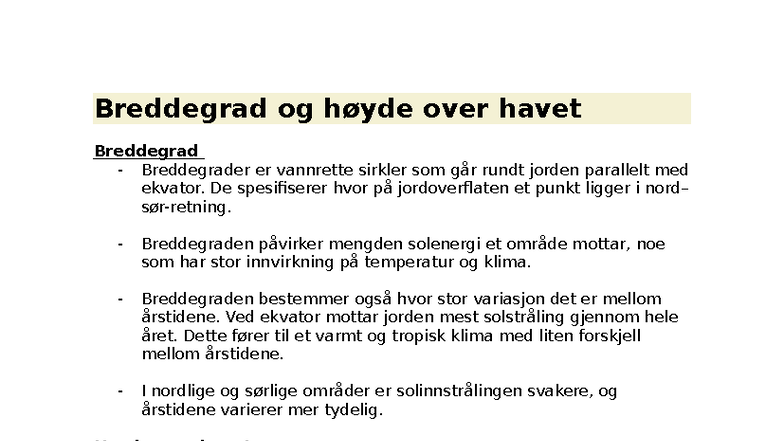 Geografi: Breddegrad og Høyde over Havet - En Analyse - Studocu
