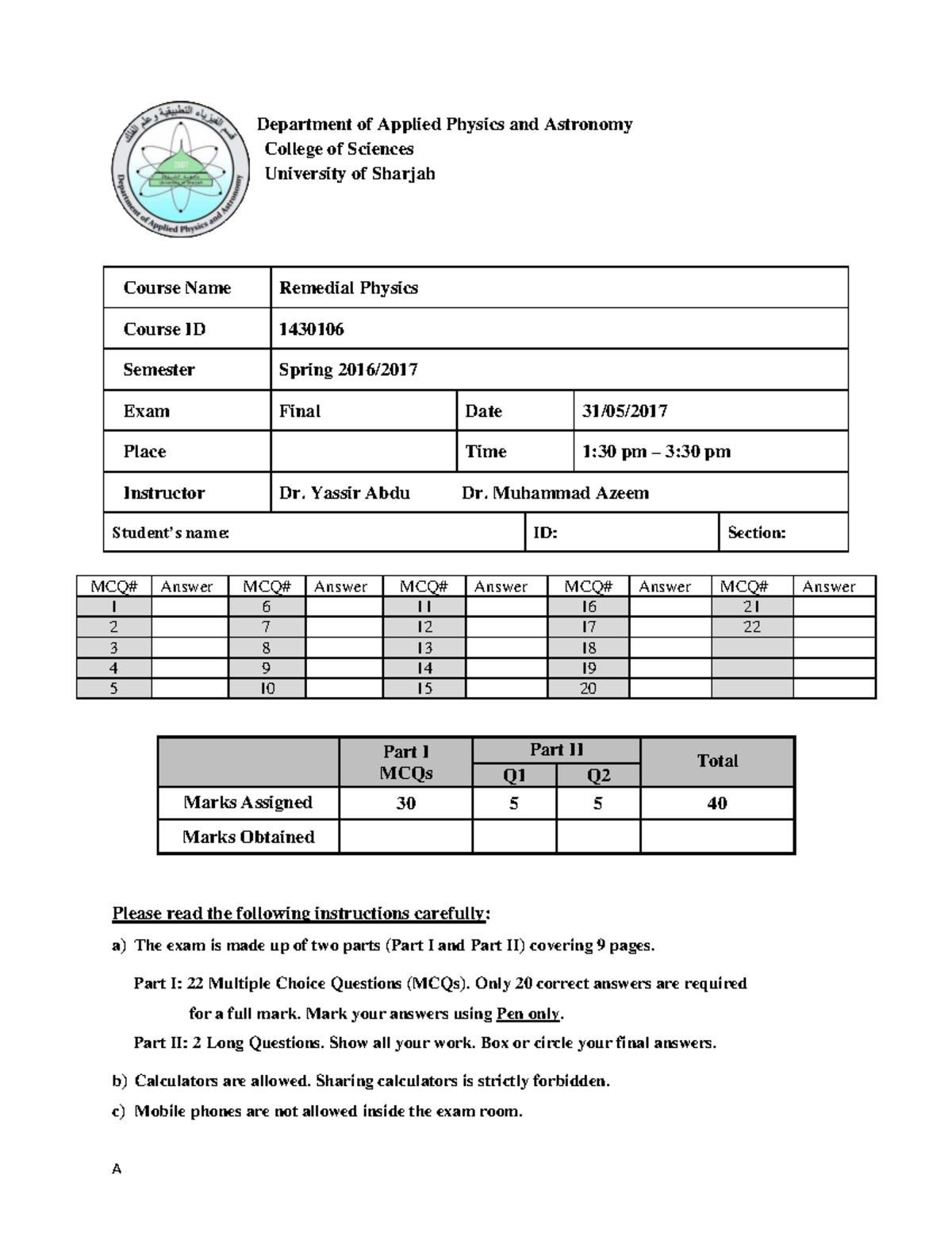 Remedial Physics 1430106 Final Exam Spring 2017 Guide - Studocu