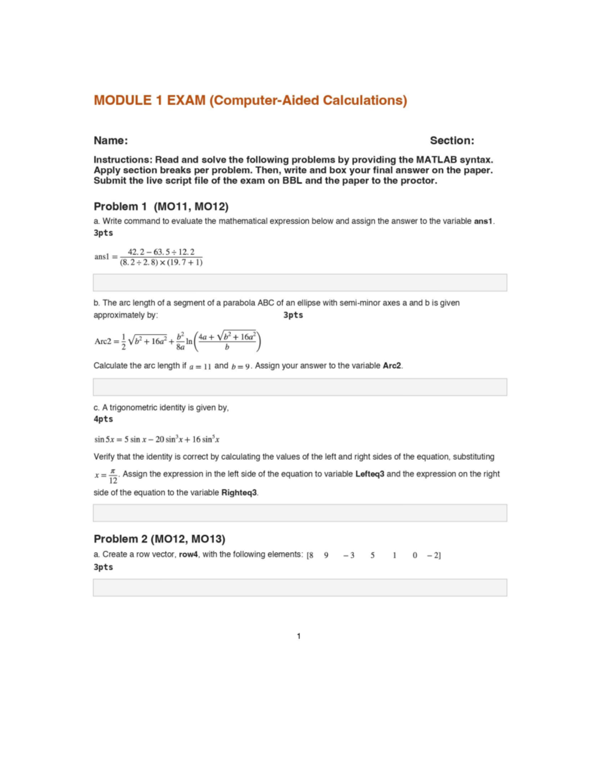 ECE121L - Module 1 Exam Calculations with MATLAB Syntax - Studocu