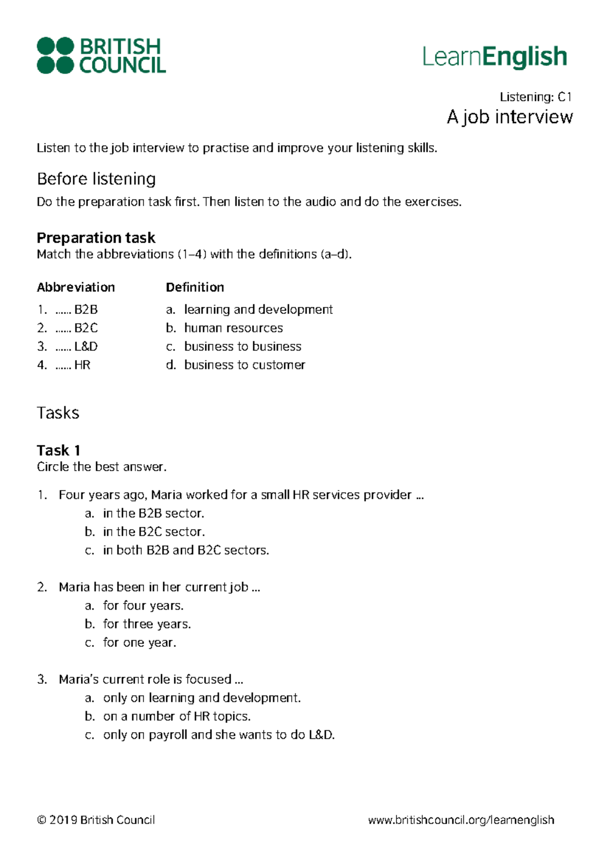 Listening 1 C1 Exercises and Answers: Job Interview Practice - Studocu