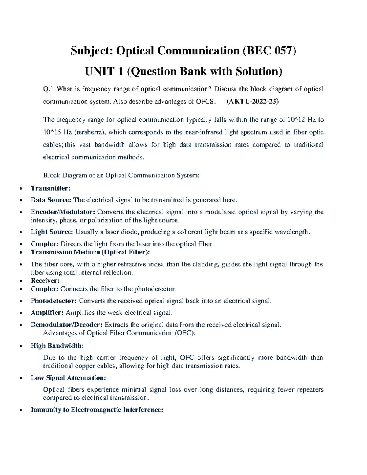 Optical Communication (BEC 057) Complete Question Bank with Solutions ...