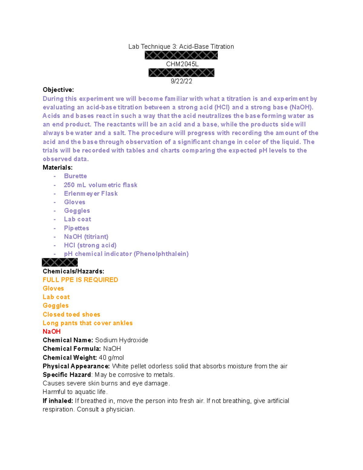 CHM2045L Pre Lab Plan #3: Acid-Base Titration Procedure Guide - Studocu