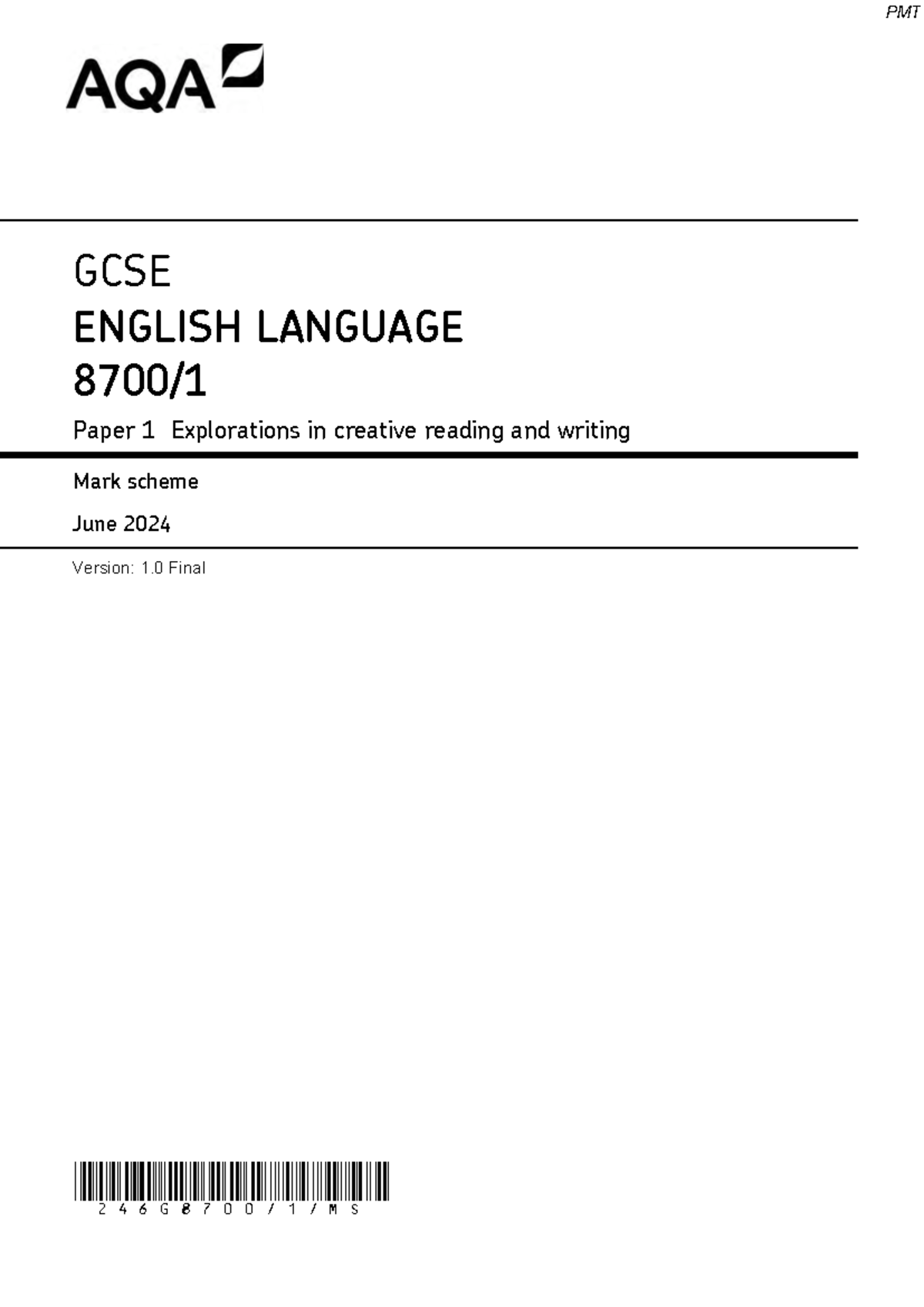 PMT GCSE ENGLISH LANGUAGE Paper 1 Mark Scheme June 2024 - Studocu