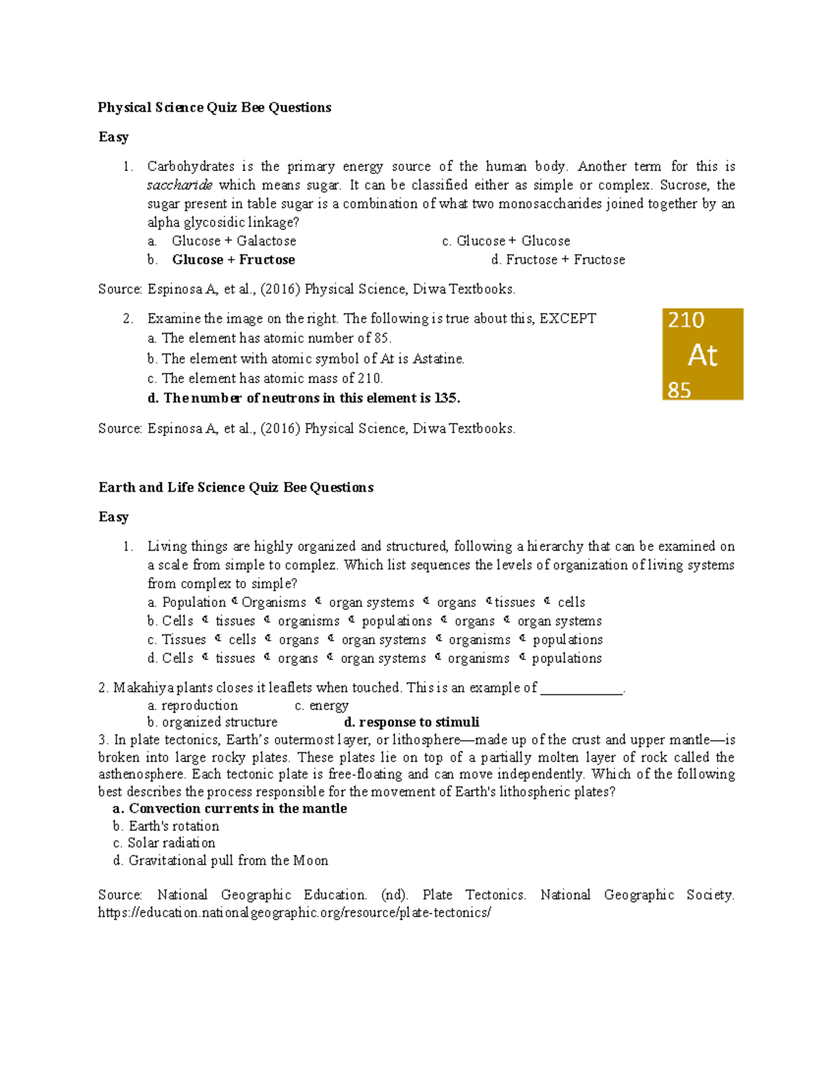 SHS-Questions: Easy and Difficult Quiz Bee Questions for Science and ...