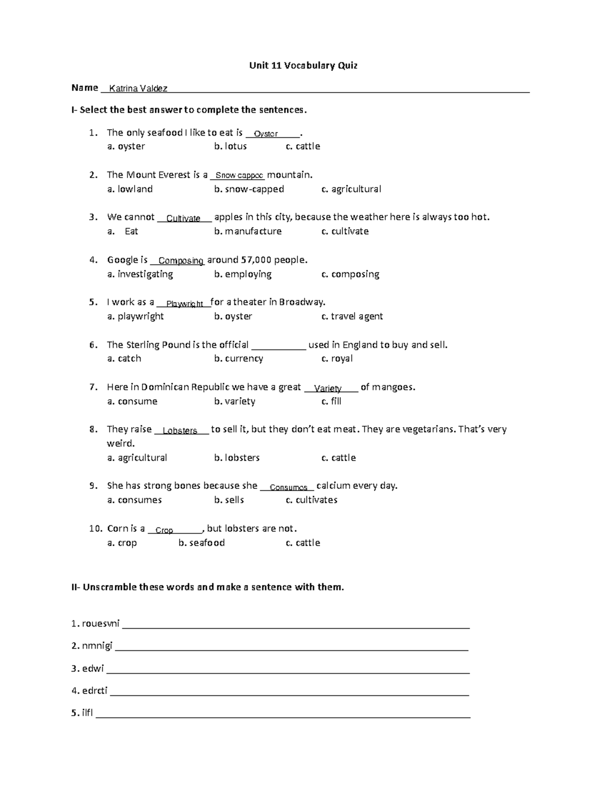Interchange 2, Unit 11 Vocabulary Quiz-2 - Unit 11 Vocabulary Quiz Name ...