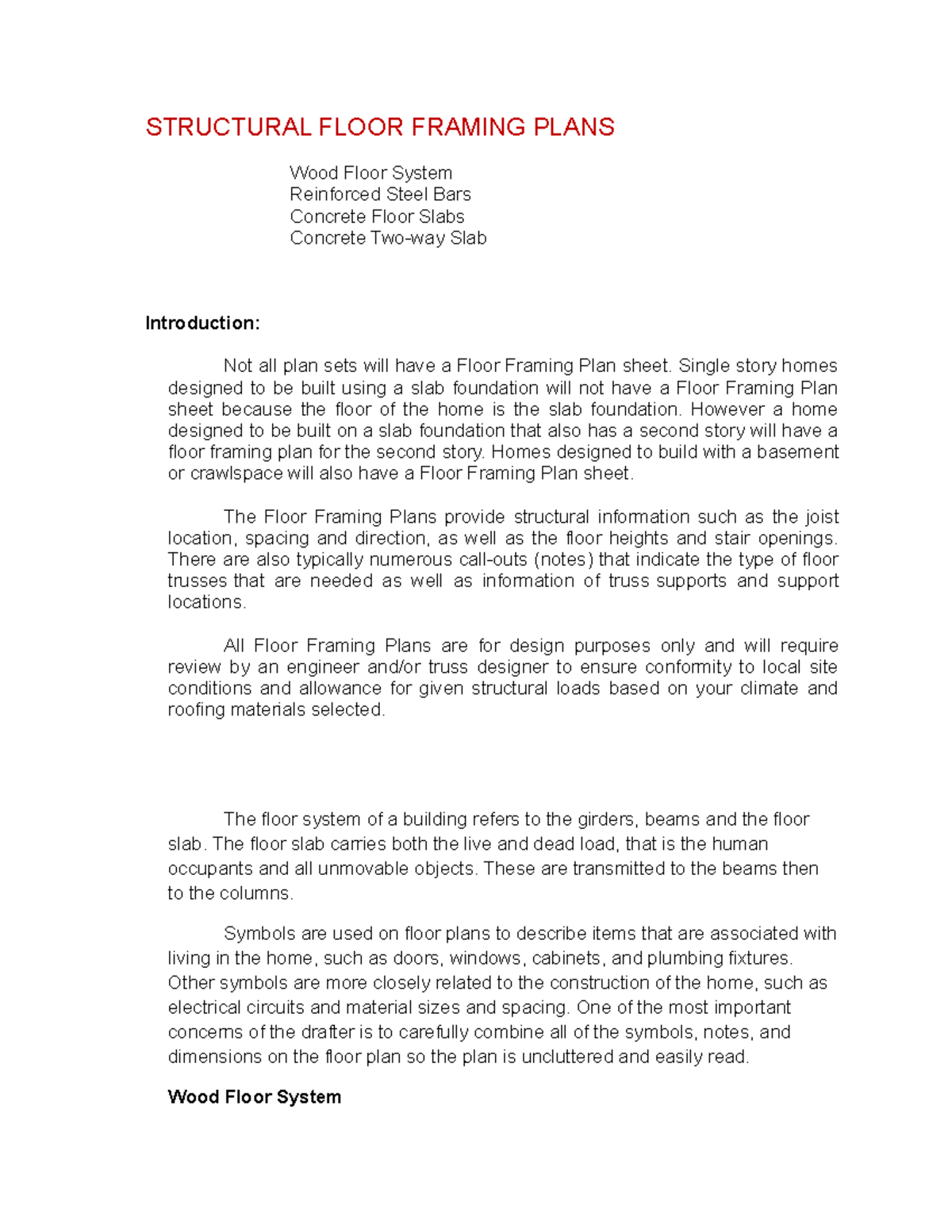 Structural Floor Framing Plans - STRUCTURAL FLOOR FRAMING PLANS Wood ...