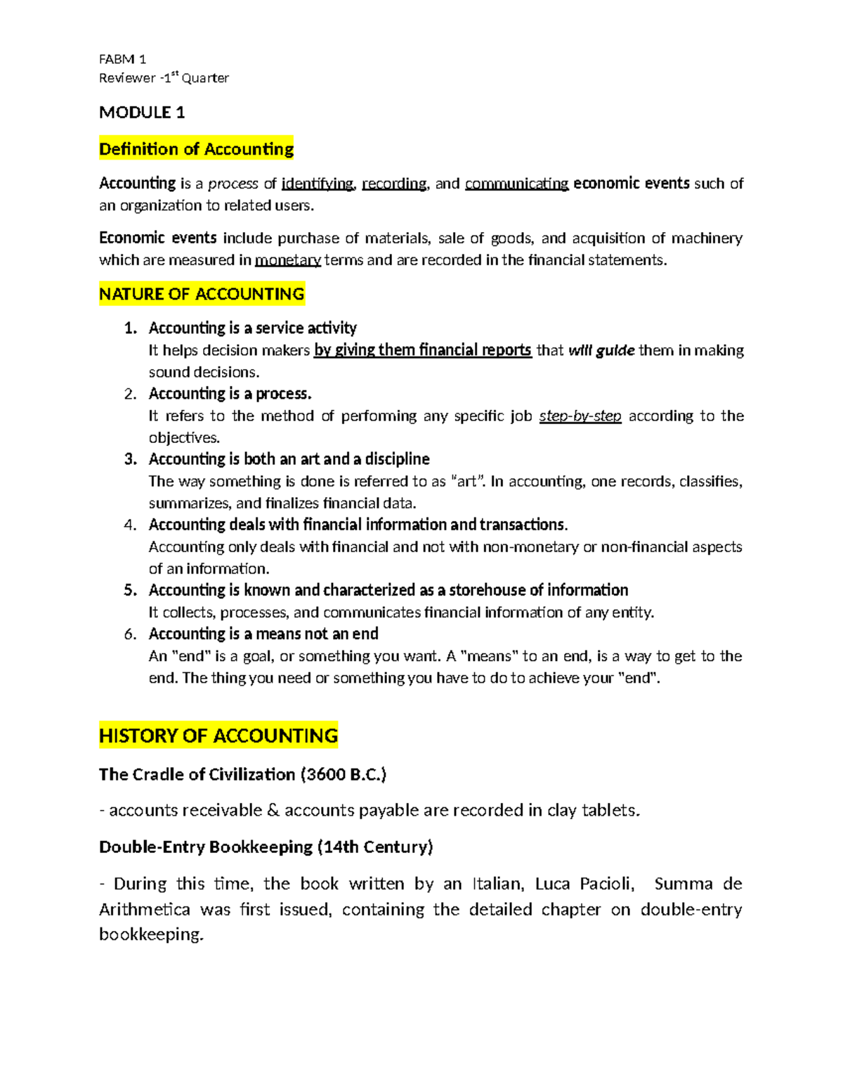 FABM 1 Reviewer: Accounting Concepts and Principles Overview - Studocu