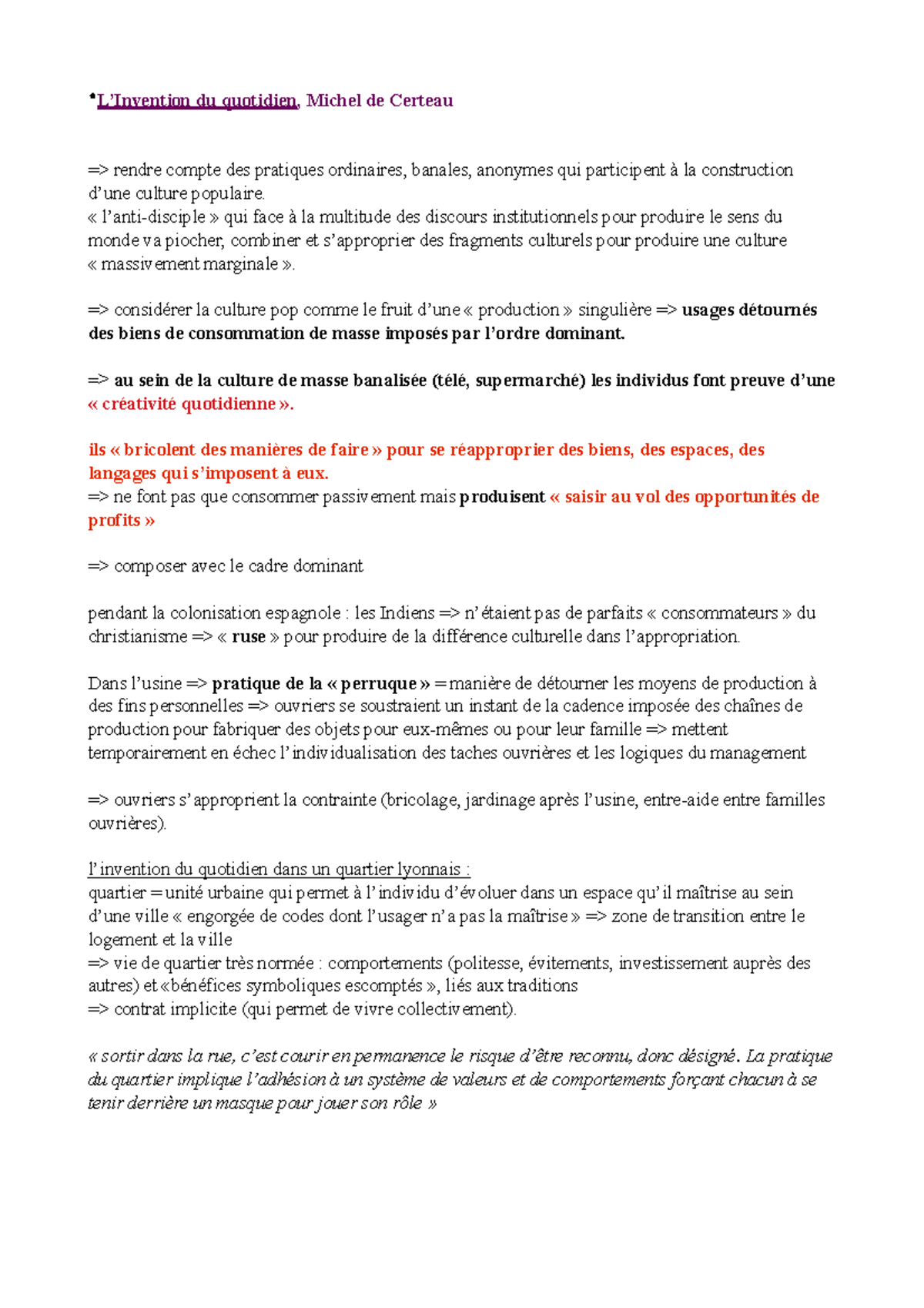 Fiches de cours : L'Invention du quotidien de Michel de Certeau - Studocu