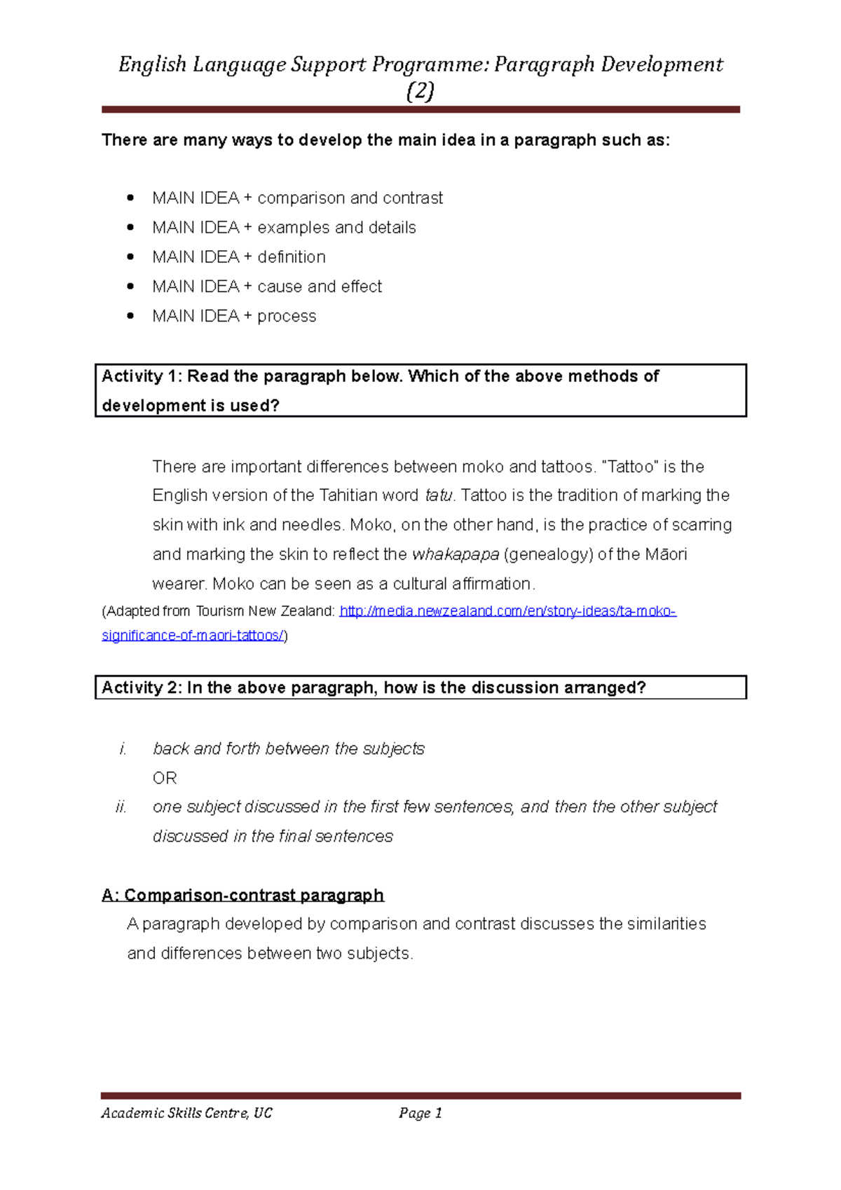 Revised Worksheet for Paragraph Development Methods (ENG 101) - Studocu