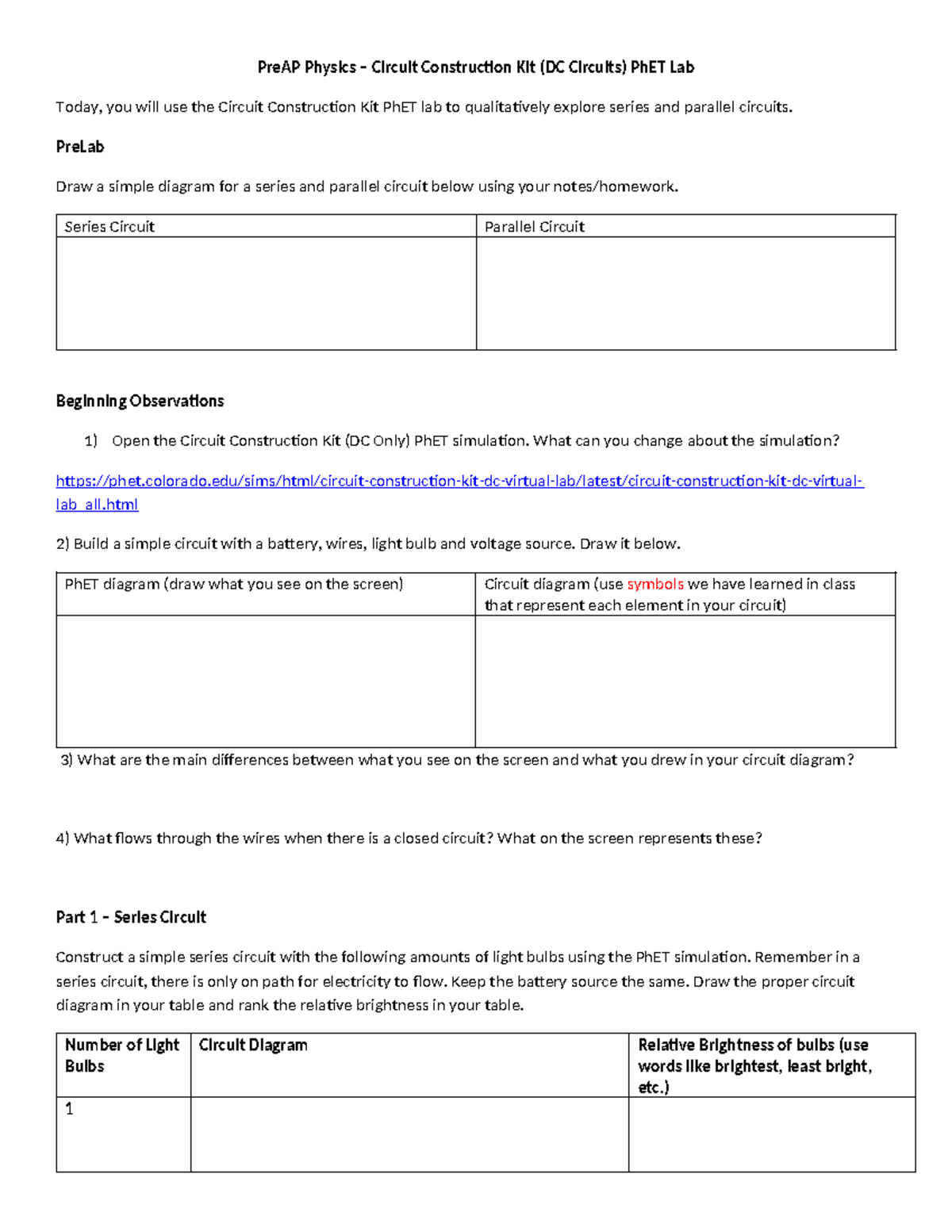 DCC 101: PHET Lab on Series and Parallel Circuits Exploration - Studocu
