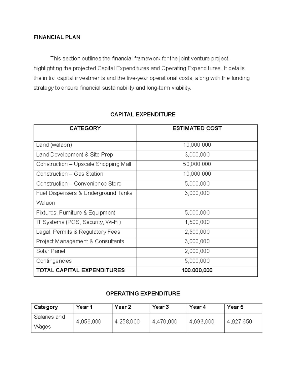 FIN 101: Financial Plan for Joint Venture Project Overview and Costs ...