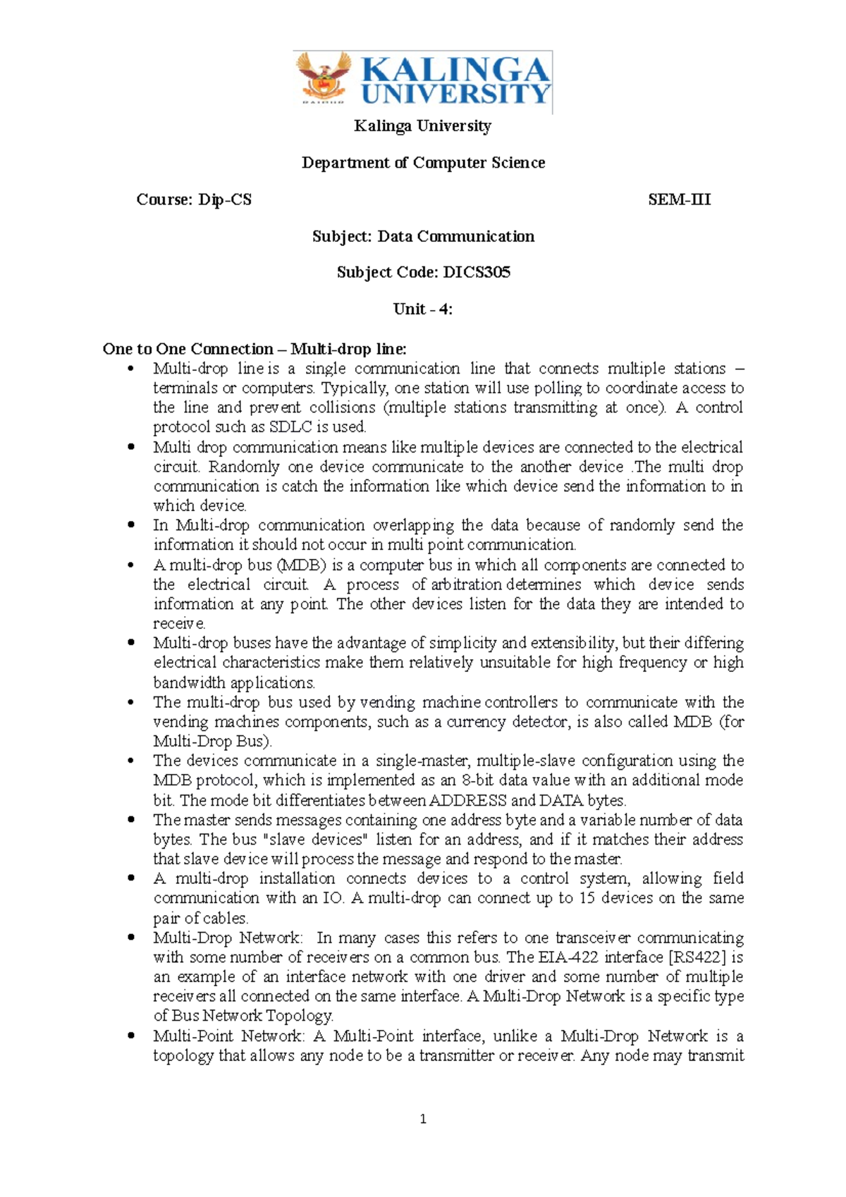DICS 305 DC Unit 4: Multi-drop Communication & Multiplexing Notes - Studocu