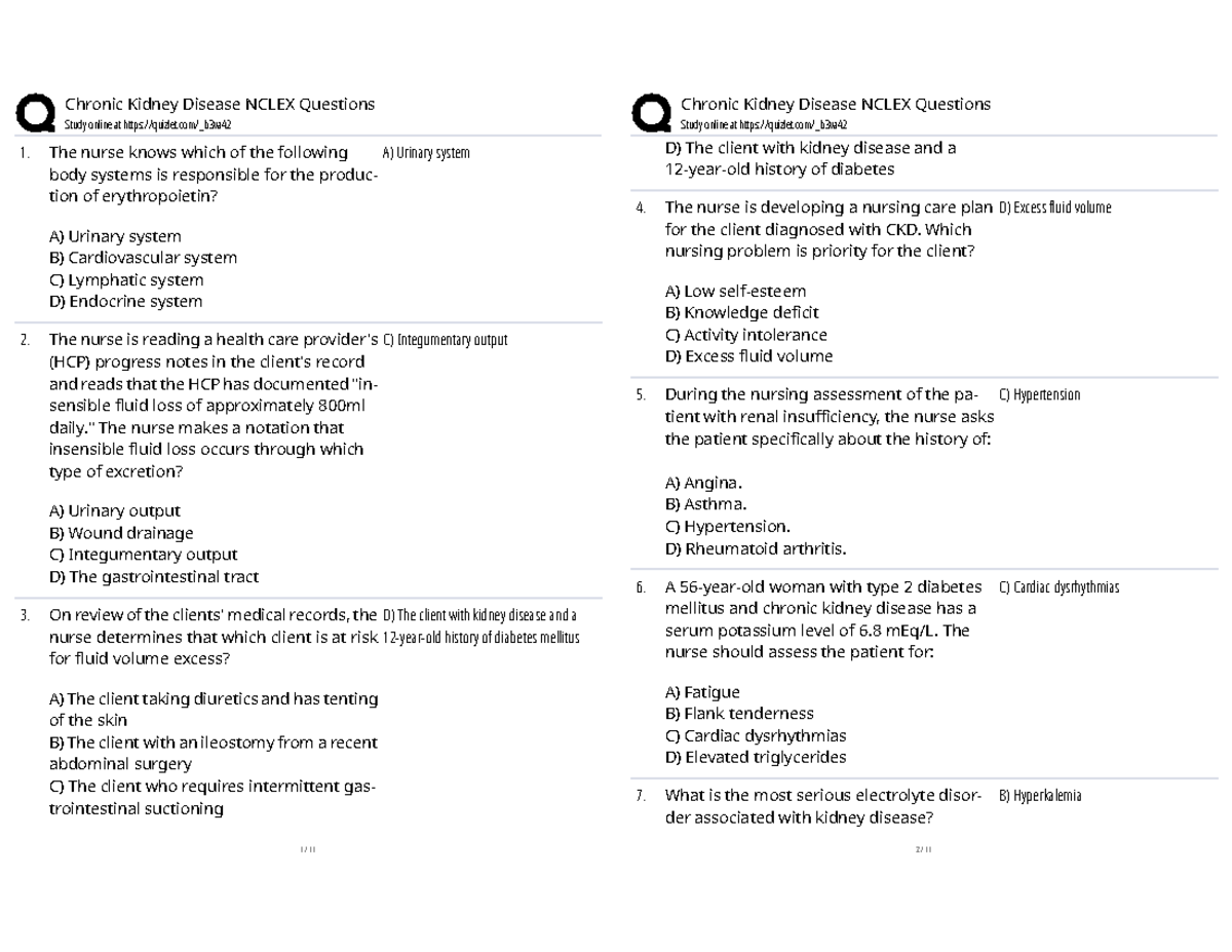 Chronic Kidney Disease NCLEX Questions Review Guide - Studocu