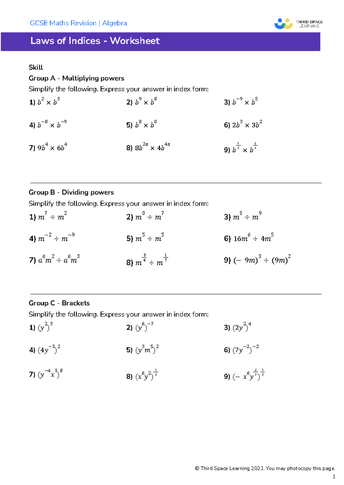 GCSE Maths Revision: Laws of Indices Worksheet (Skill Groups A-E) - Studocu