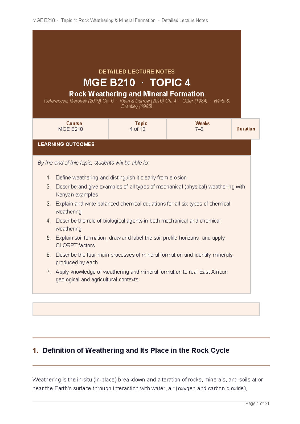 MGE B210 Topic 4: In-Depth Lecture Notes on Rock Weathering & Mineral ...