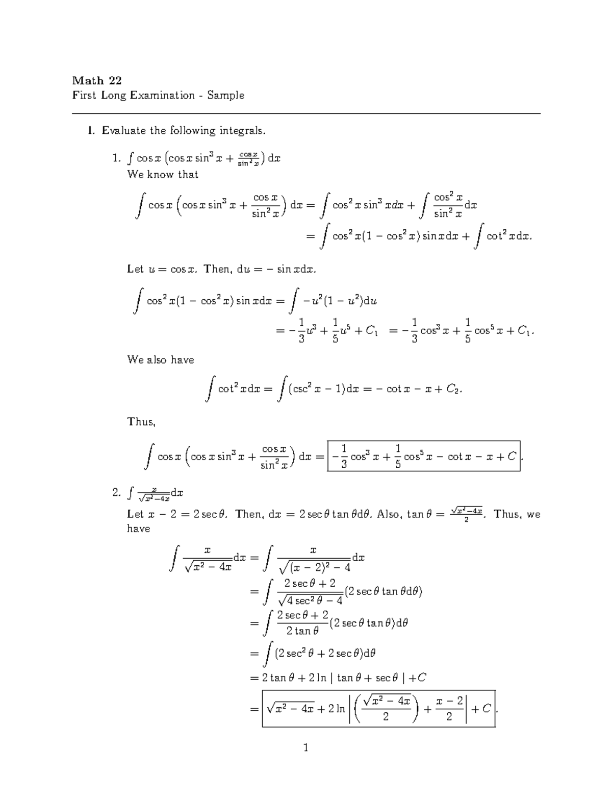 Math 22 Sample Long Exam I Answer Key - 1st Sem AY 2020-2021 - Studocu