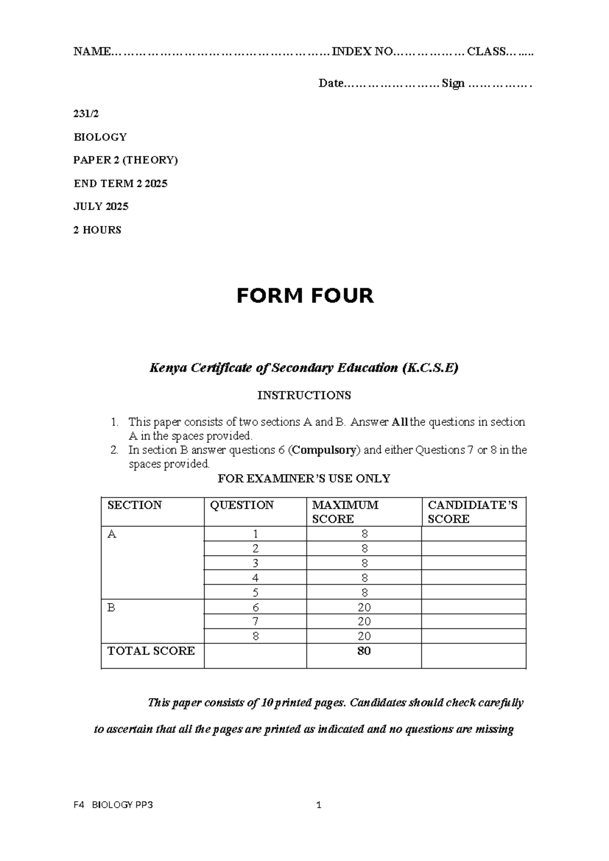 F4 BIOLOGY PAPER 2 (THEORY) END TERM JULY 2025 - Studocu