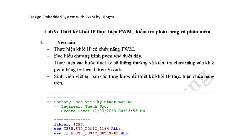 Lab 9: Design IP for PWM Functionality in Embedded Systems - Studocu
