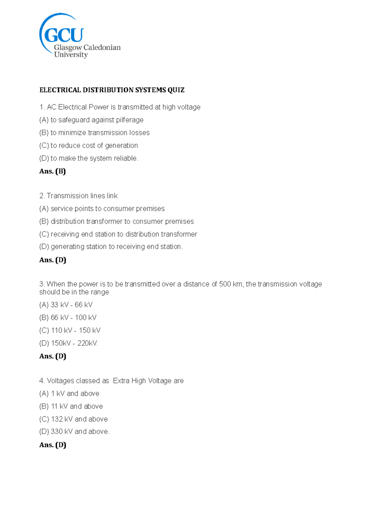 Electrical Distribution Systems - Quiz Solutions - Studocu