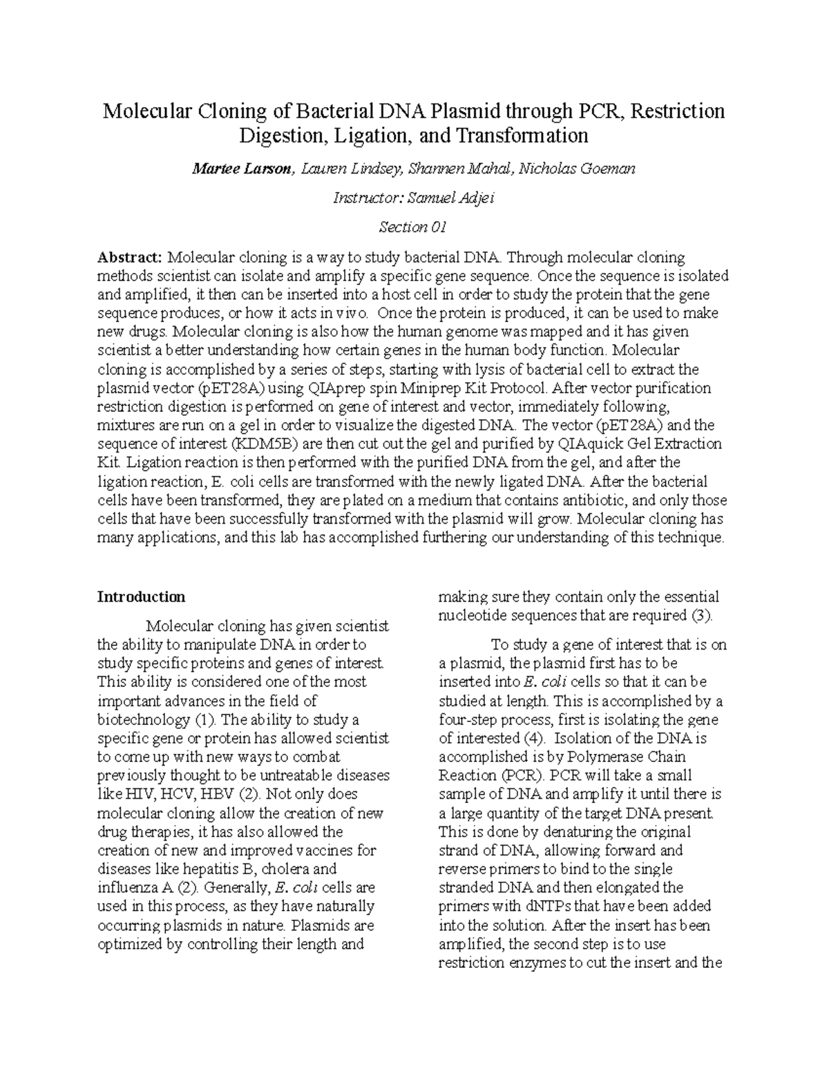 Molecular Cloning of Bacterial DNA Plasmid: Lab Report 1 Example - Studocu