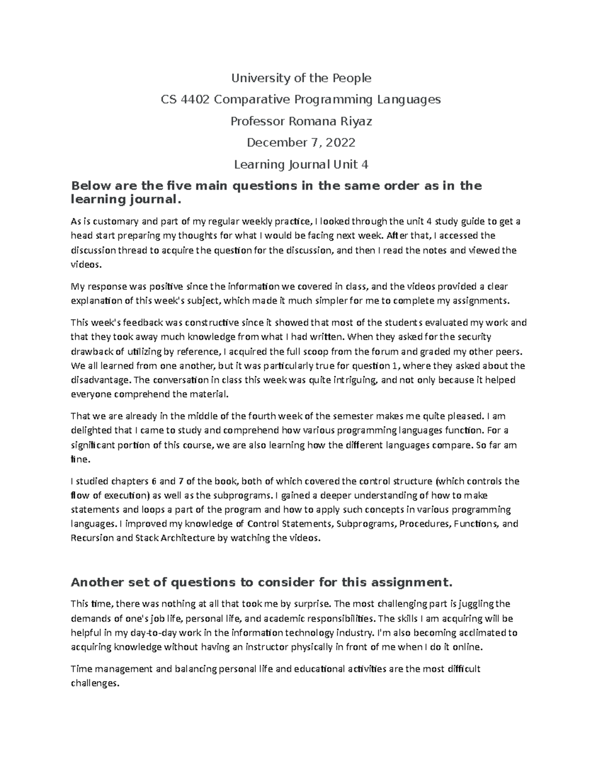 CS 4402 - Learning Journal Unit 4 - University of the People CS 4402 ...