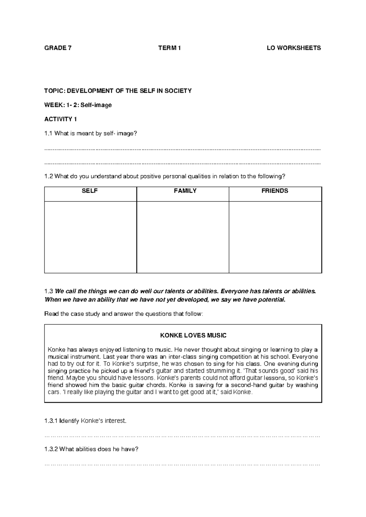 Grade 7 Term 1-4 LO Worksheets: Development of Self & Constitutional ...