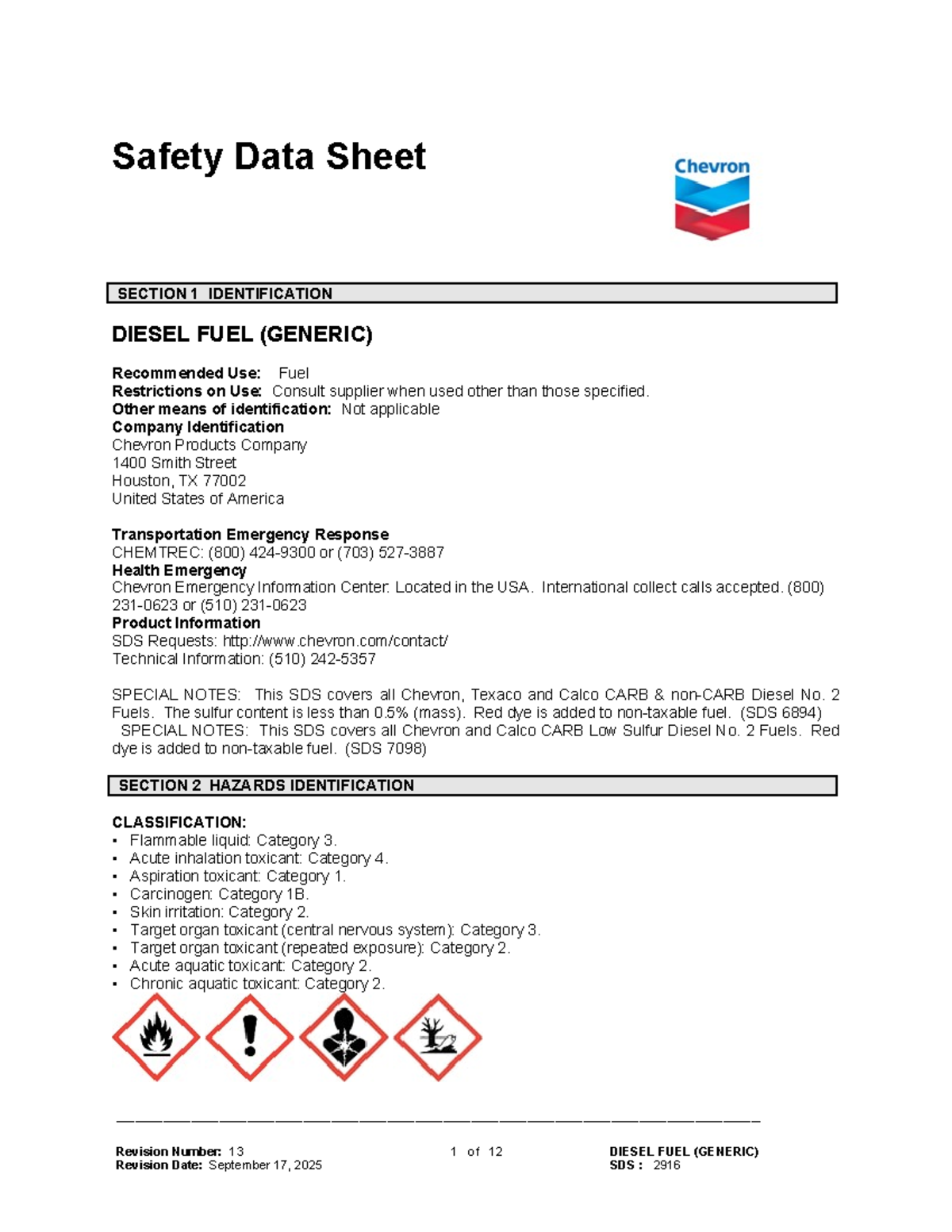 SDS 2916: Safety Data Sheet for Diesel Fuel (Generic) - Studocu
