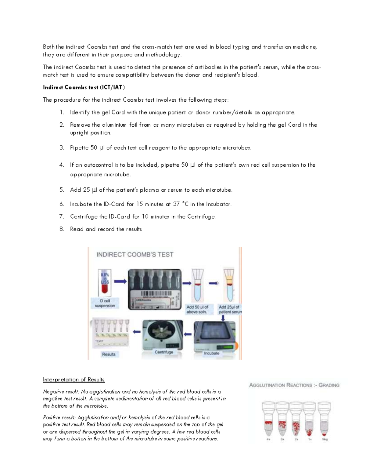 Indirect Coombs Test & Cross-Match Procedure Overview - Studocu