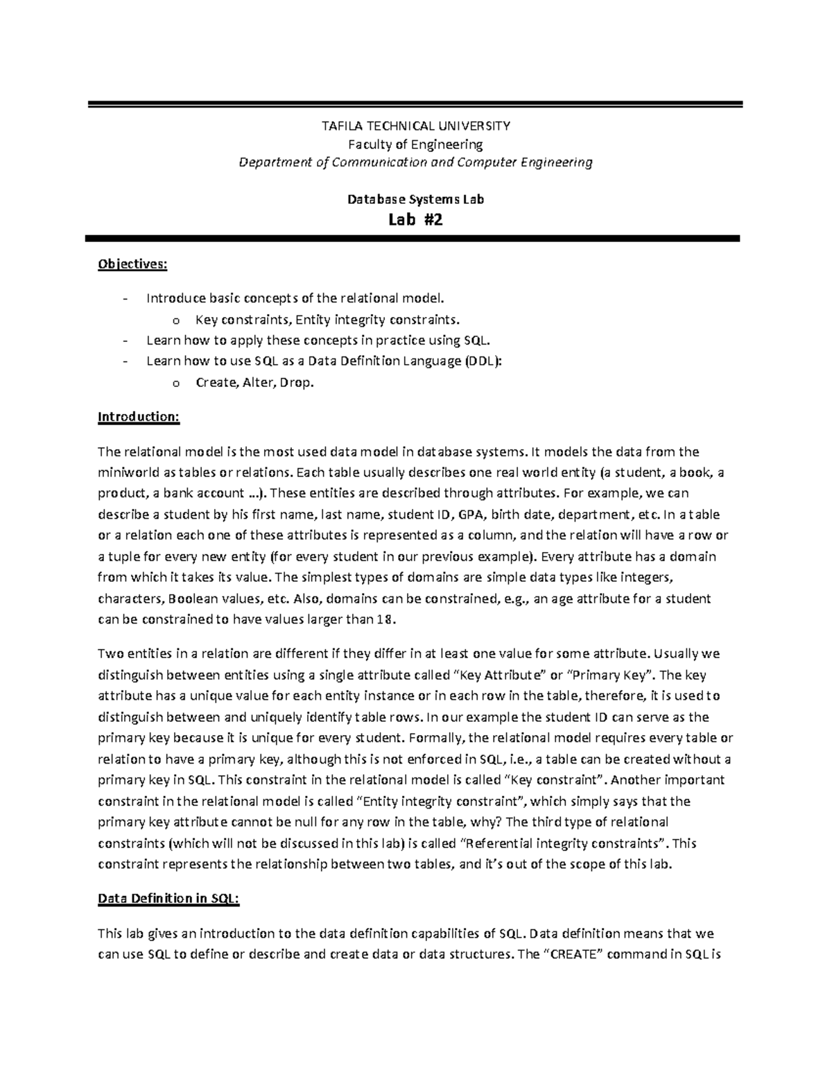 Database Systems Lab 2: Relational Model & SQL DDL Concepts - Studocu