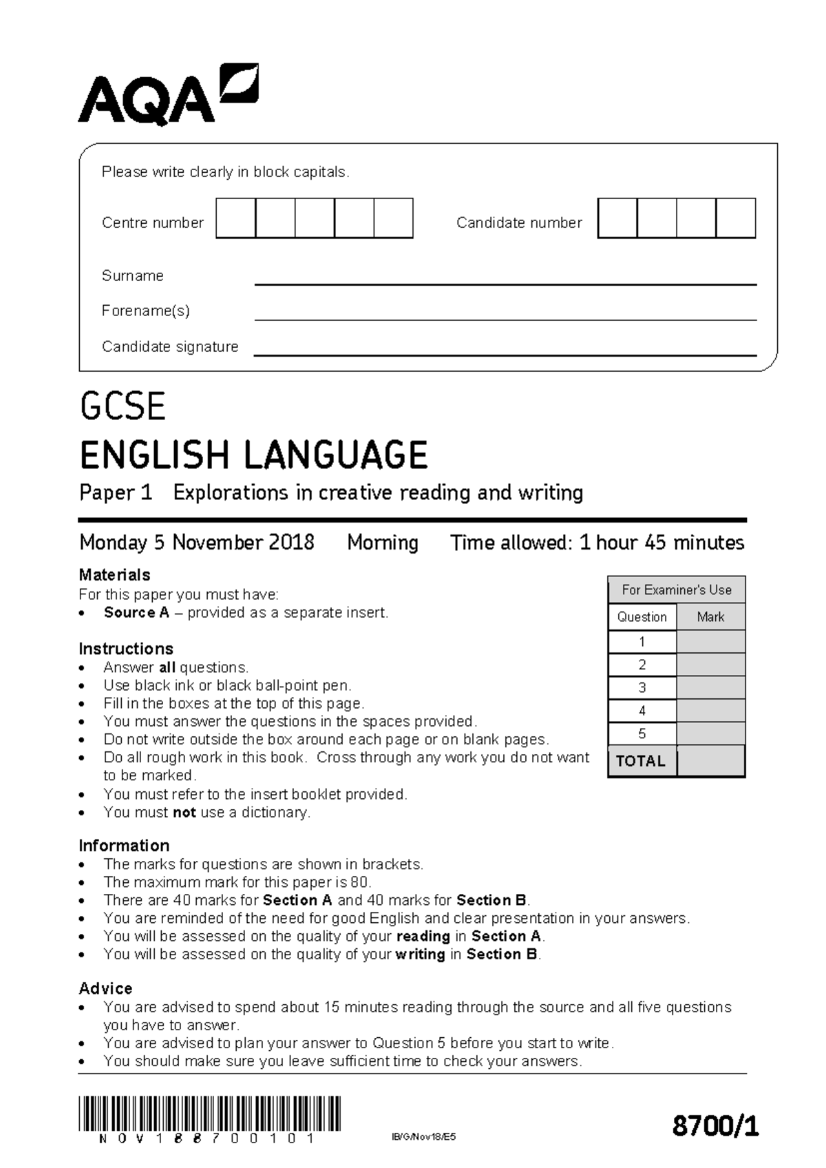 AQA GCSE ENGLISH LANGUAGE Paper 1 Nov 2018 Question Paper - Studocu