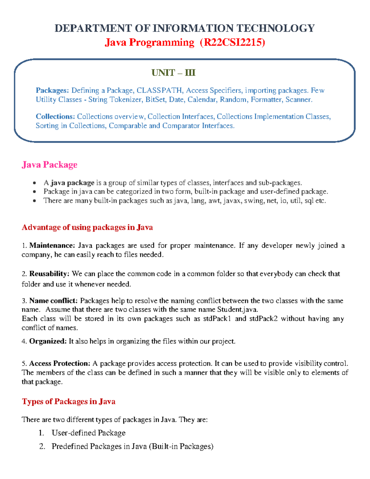 Java Programming (R22CSI2215) Unit 3: Packages and Utility Classes ...