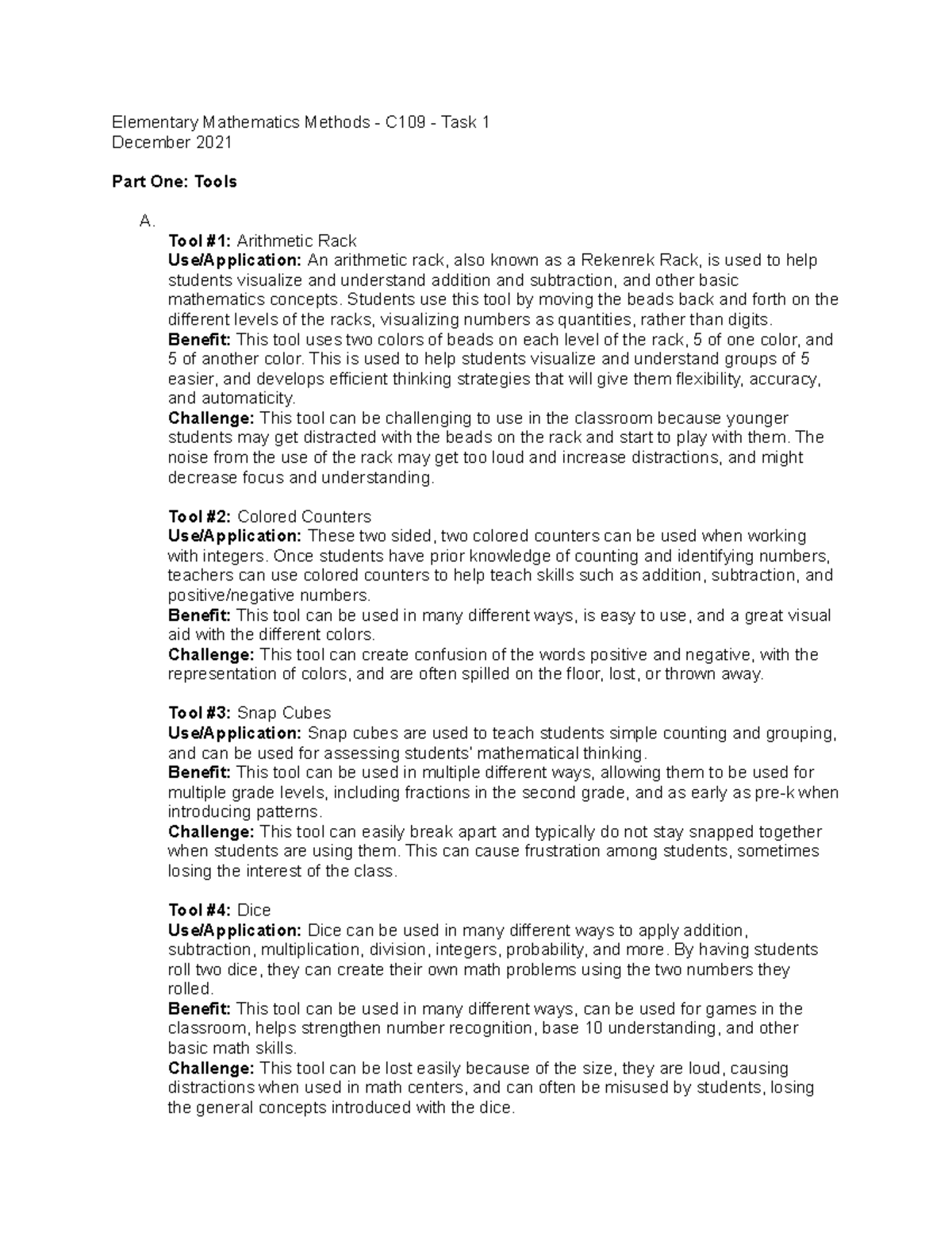 C109 Elementary Mathematics Methods - Task 1 Reflection & Tools - Studocu