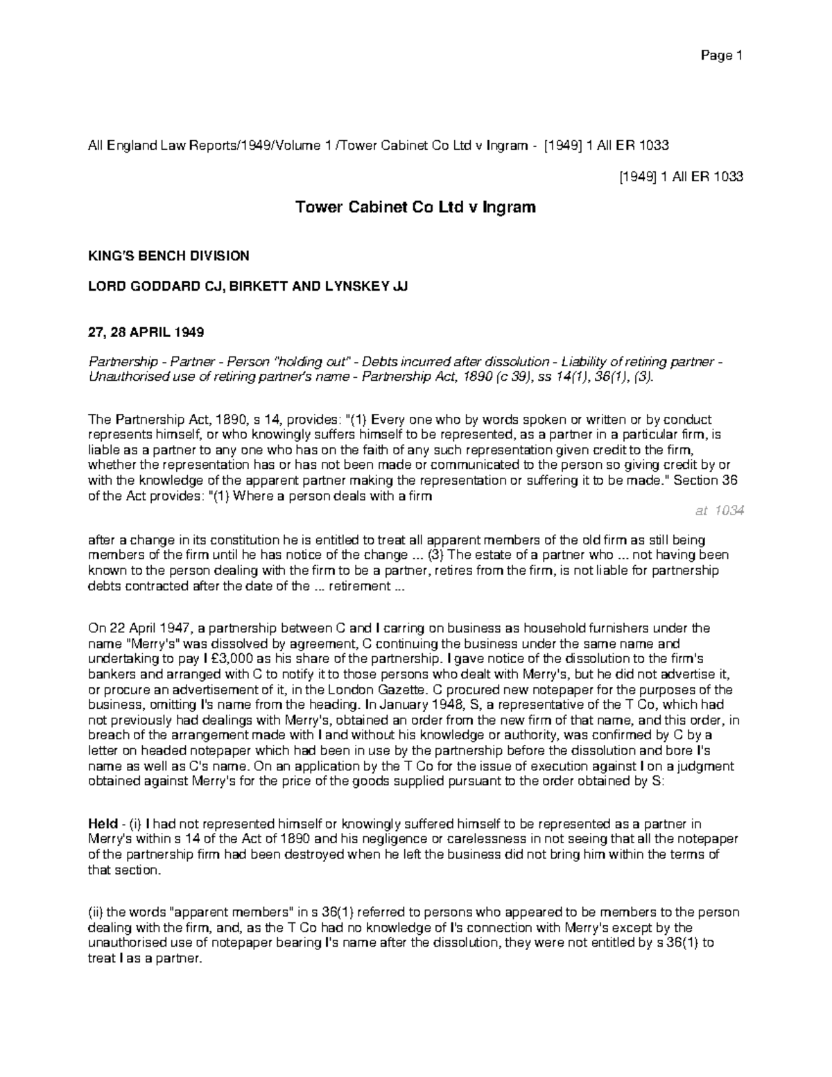 Tower Cabinet Co Ltd v Ingram - Partnership Liability Case Study (1949 ...