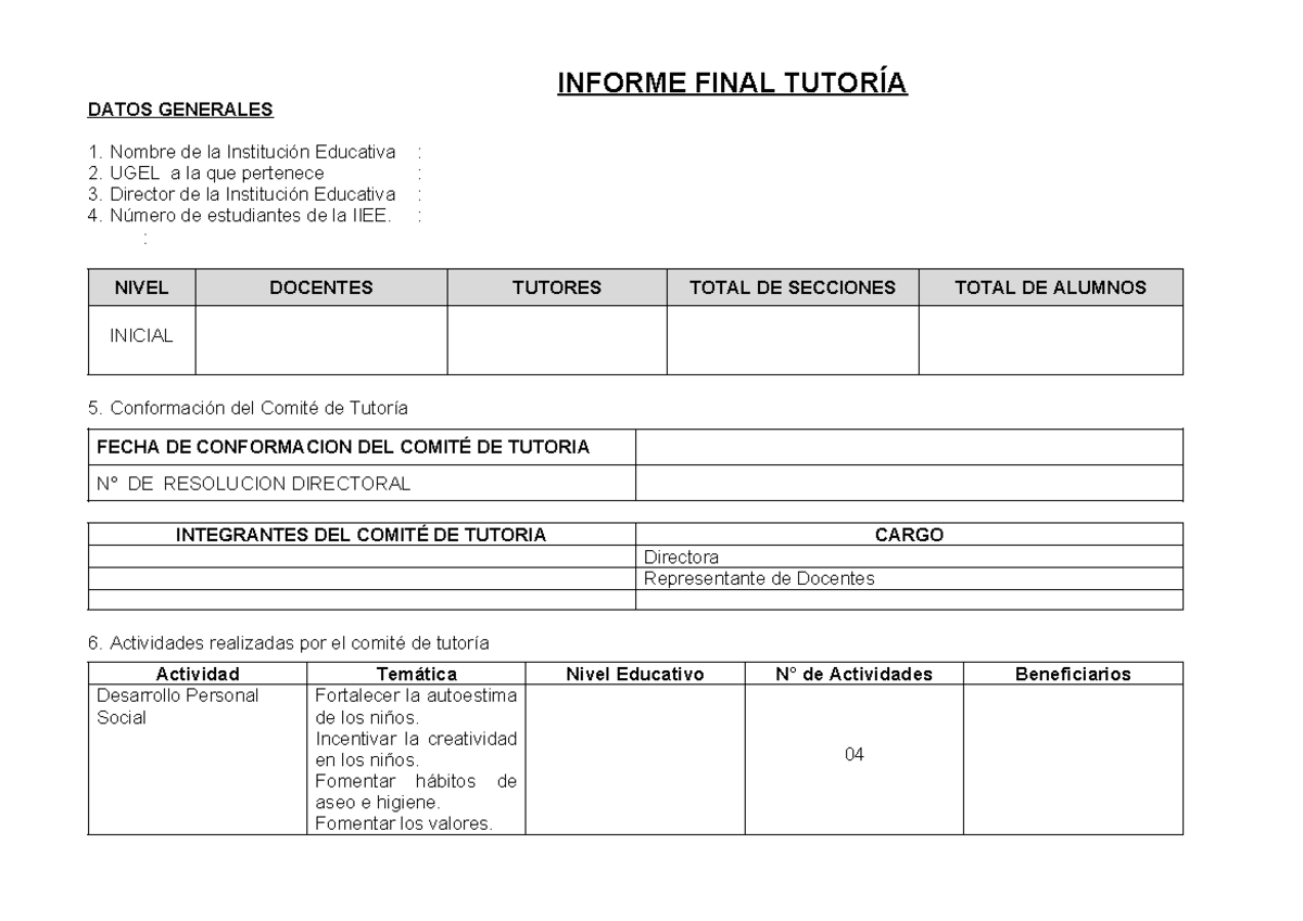 Informe de Tutoría Inicial 2024 - INFORME FINAL TUTORÍA DATOS GENERALES 1. Nombre de la ...