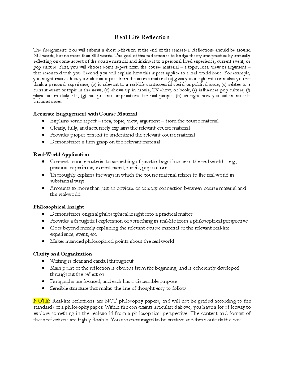 Real Life Reflection - Reflections should be around 500 words, but no ...