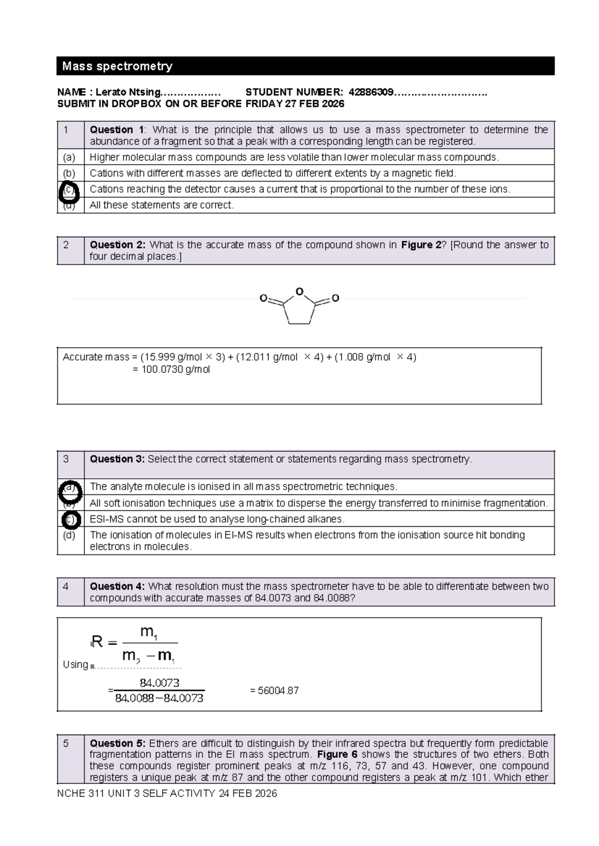 NCHE 311 Mass Spectrometry Self Activity Questions - Studocu
