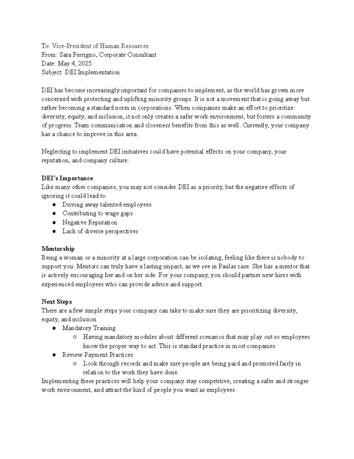 DEI Implementation Strategies for Corporate Success: A Letter - Studocu