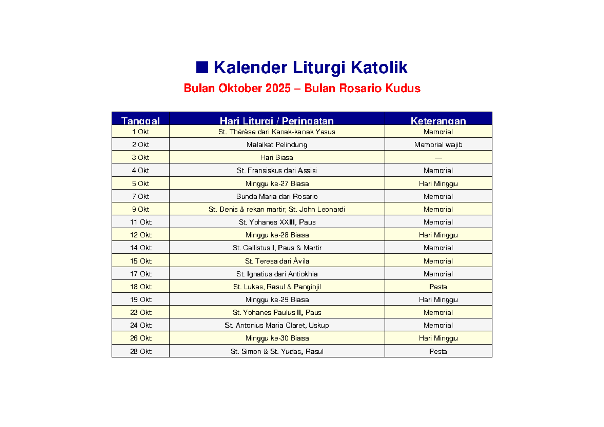Kalender Liturgi Katolik Oktober 2025: Bulan Rosario Kudus - Studocu