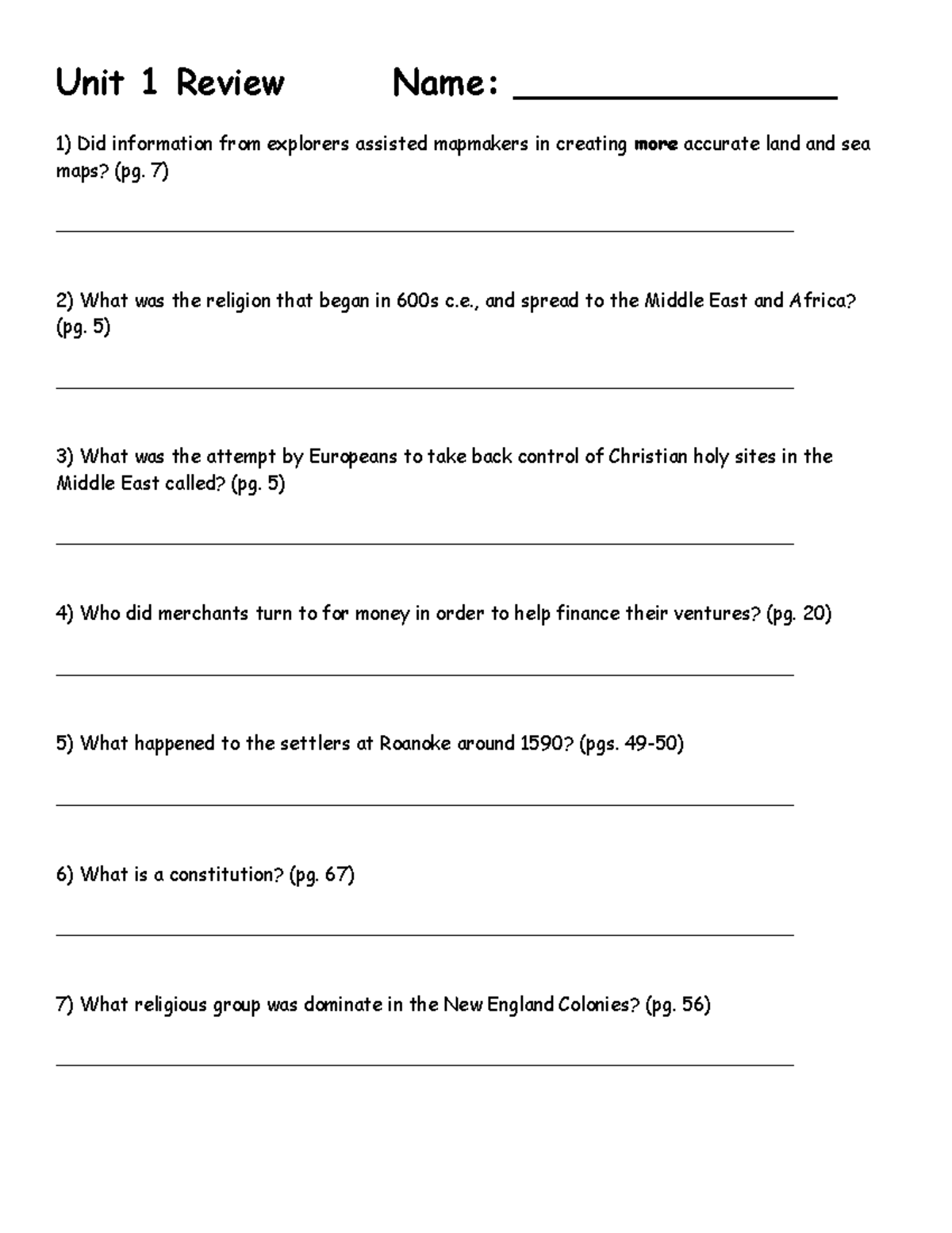 Unit 1 Review: Key Questions on Early American Colonies (HIST101) - Studocu