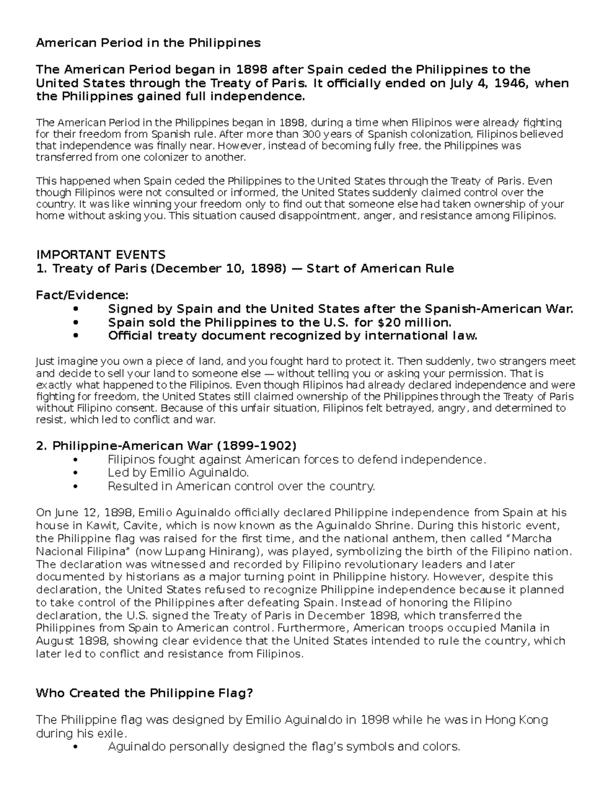 The American Period in the Philippines: Key Events and Impacts - Studocu