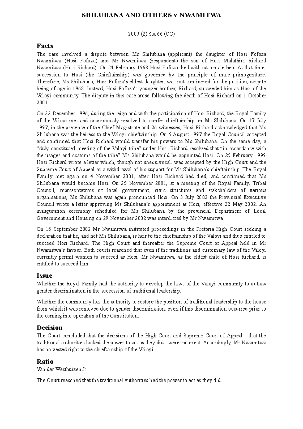 Shilubana v Nwamitwa Case Summary and Judgment Analysis - Studocu