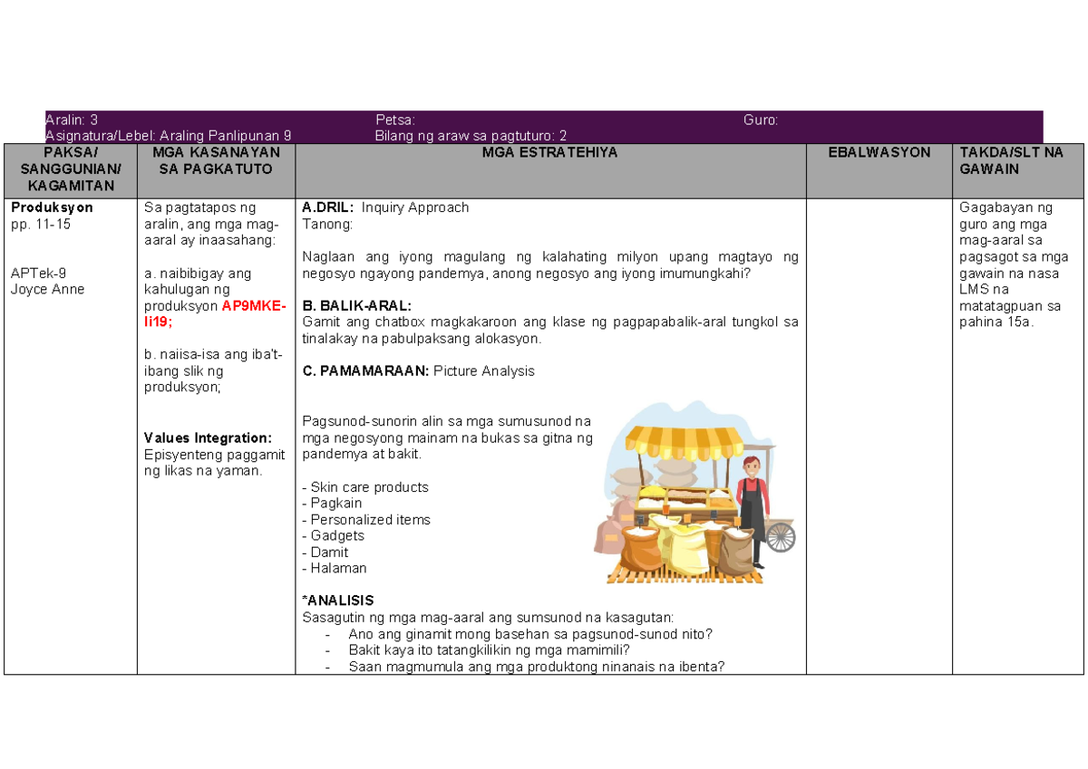 Aralin 3 - Produksyon - AP9MKE-Ii19 Lesson Plan and Activities - Studocu