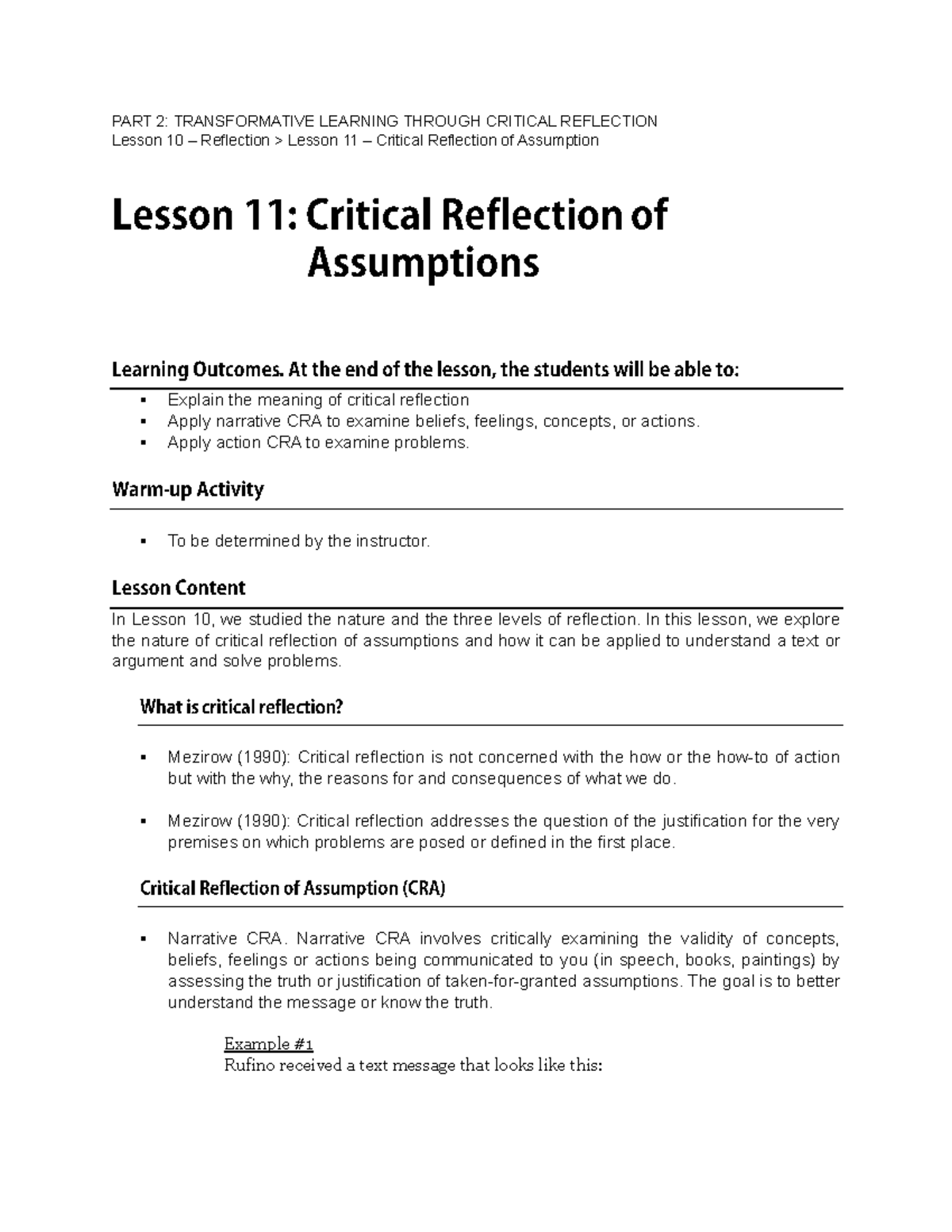 Lesson 11: Critical Reflection on Assumptions in Transformative Learning - Studocu