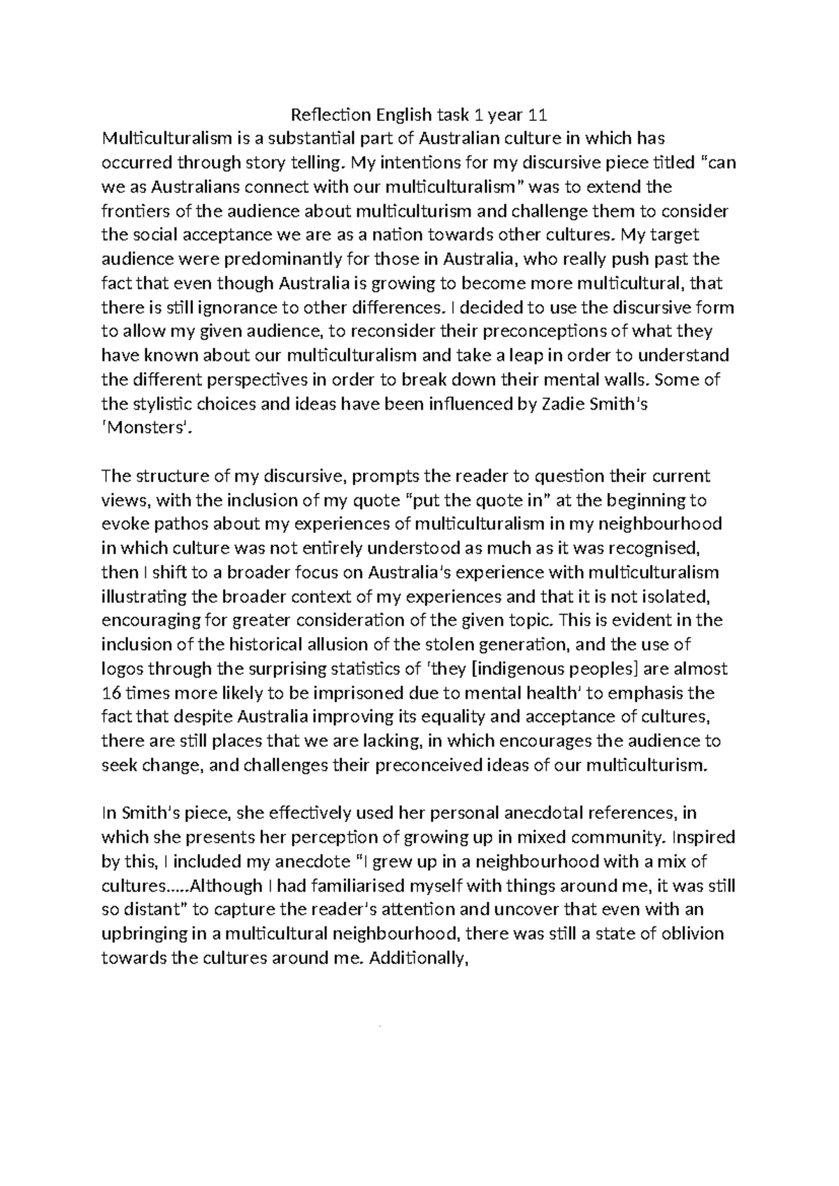 Reflection English task 1 year 11 prep - Reflection English task 1 year ...